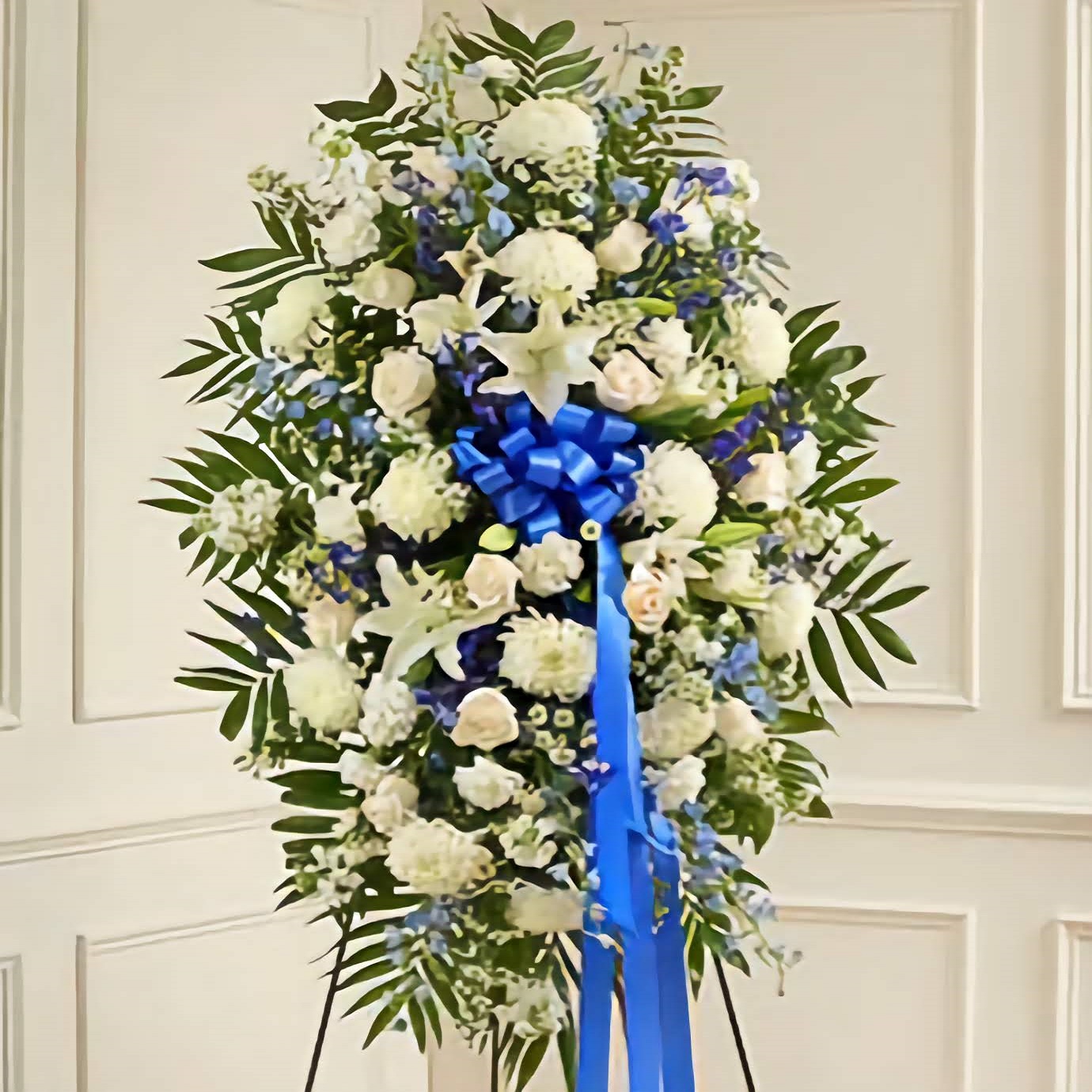 Blue and White Sympathy Standing Spray - Royal Fleur Florist